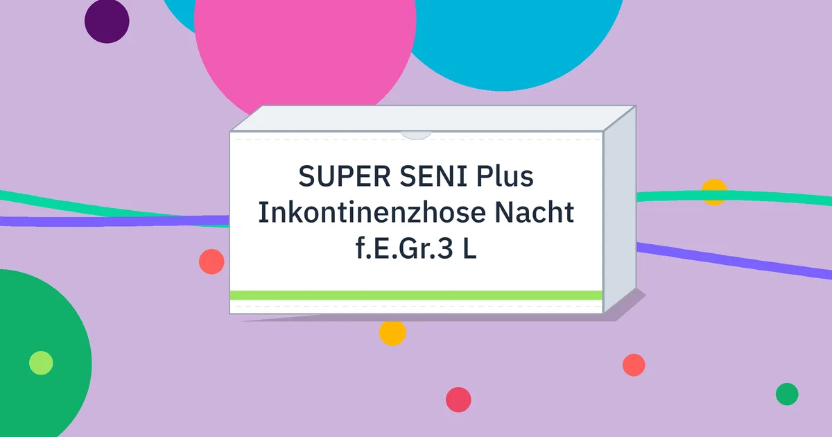 Symbolbild: Packung mit der Aufschrift SUPER SENI Plus Inkontinenzhose Nacht f.E.Gr.3 L (PZN 18011688) – Verfügbarkeit und Bezug in Apotheken in Frankfurt am Main