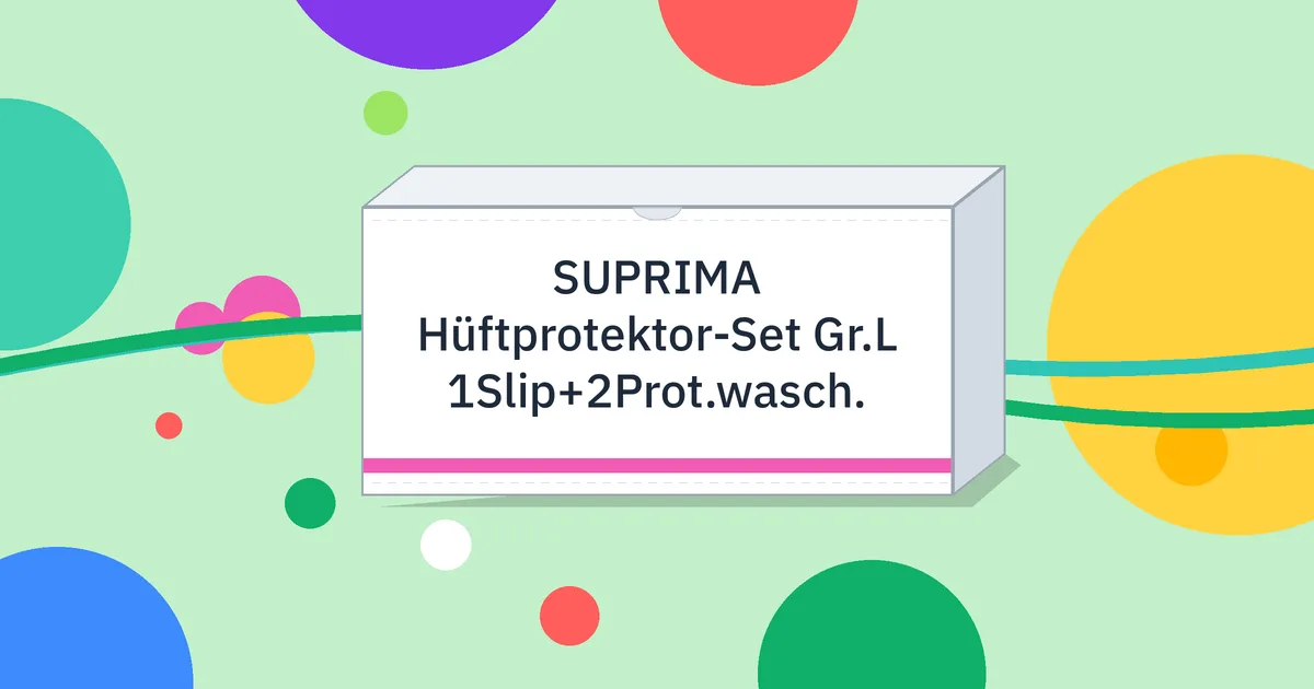 Symbolbild: Packung mit der Aufschrift SUPRIMA Hüftprotektor-Set Gr.L 1Slip+2Prot.wasch. (PZN 09784428) – Verfügbarkeit und Bezug in Apotheken in Frankfurt am Main