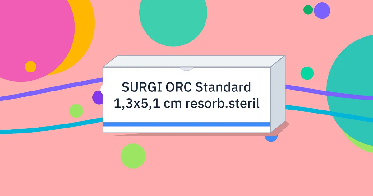 Symbolbild: Packung mit der Aufschrift SURGI ORC Standard 1,3x5,1 cm resorb.steril (PZN 18741323) – Verfügbarkeit und Bezug in Apotheken in Frankfurt am Main