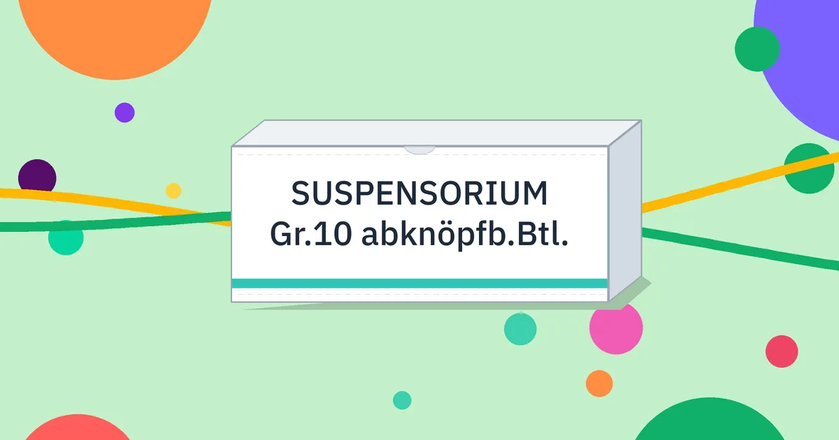 Symbolbild: Packung mit der Aufschrift SUSPENSORIUM Gr.10 abknöpfb.Btl. (PZN 11227362) – Verfügbarkeit und Bezug in Apotheken in Frankfurt am Main