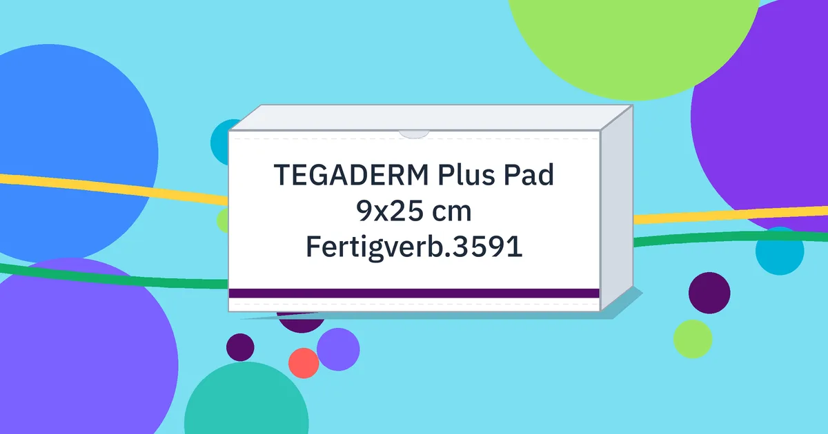 Symbolbild: Packung mit der Aufschrift TEGADERM Plus Pad 9x25 cm Fertigverb.3591 (PZN 05355239) – Verfügbarkeit und Bezug in Apotheken in Frankfurt am Main