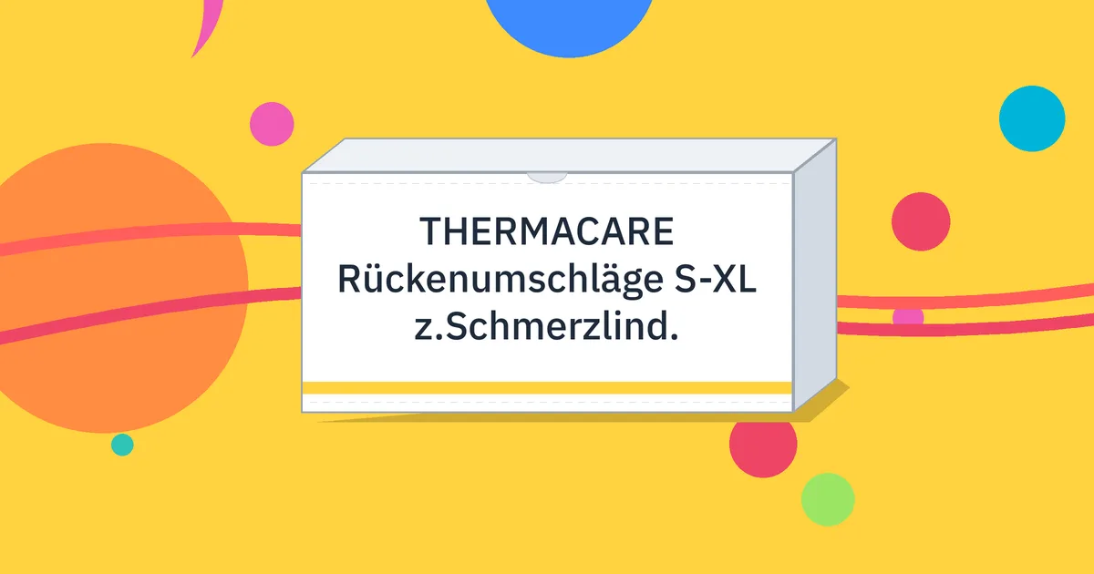 Symbolbild: Packung mit der Aufschrift THERMACARE Rückenumschläge S-XL z.Schmerzlind. (PZN 18439966) – Verfügbarkeit und Bezug in Apotheken in Frankfurt am Main