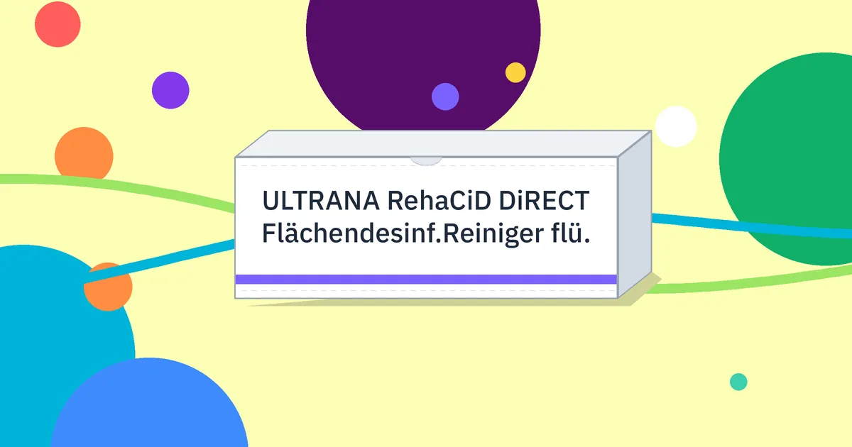 Symbolbild: Packung mit der Aufschrift ULTRANA RehaCiD DiRECT Flächendesinf.Reiniger flü. (PZN 17987335) – Verfügbarkeit und Bezug in Apotheken in Frankfurt am Main