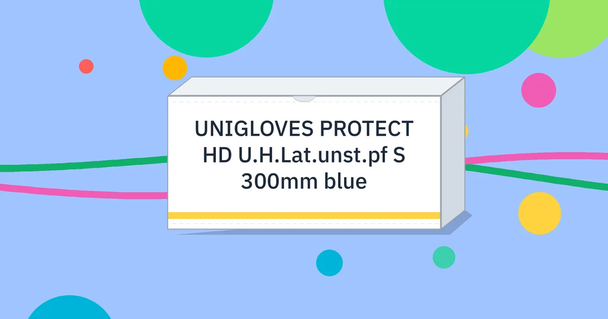 Symbolbild: Packung mit der Aufschrift UNIGLOVES PROTECT HD U.H.Lat.unst.pf S 300mm blue (PZN 20366855) – Verfügbarkeit und Bezug in Apotheken in Frankfurt am Main