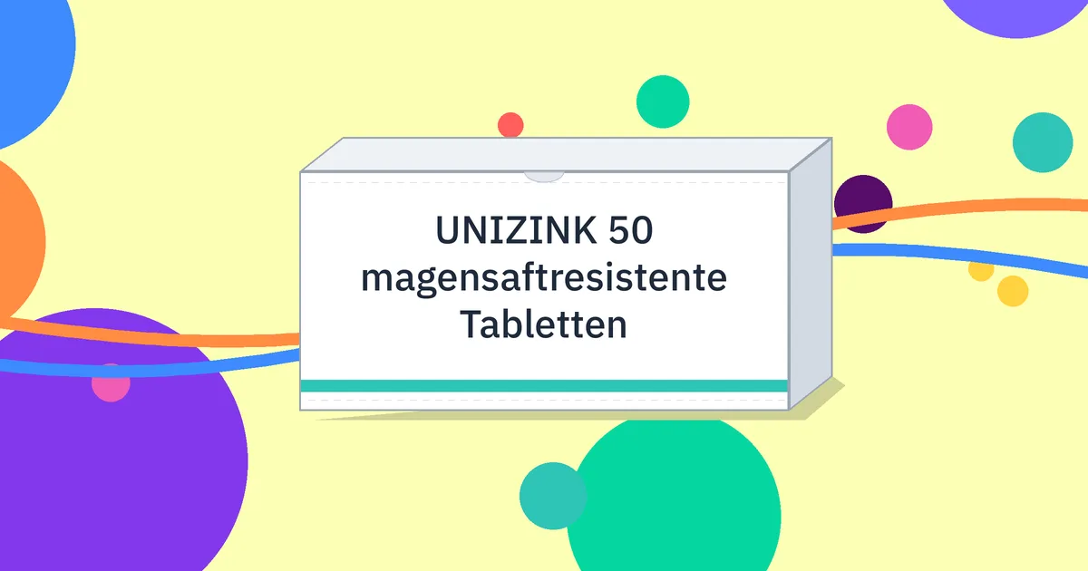 Symbolbild: Packung mit der Aufschrift UNIZINK 50 magensaftresistente Tabletten (PZN 03441650) – Verfügbarkeit und Bezug in Apotheken in Frankfurt am Main