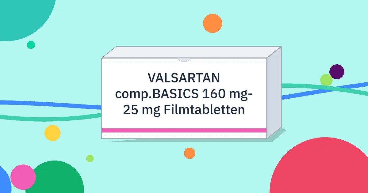 Symbolbild: Packung mit der Aufschrift VALSARTAN comp.BASICS 160 mg-25 mg Filmtabletten (PZN 08472081) – Verfügbarkeit und Bezug in Apotheken in Frankfurt am Main