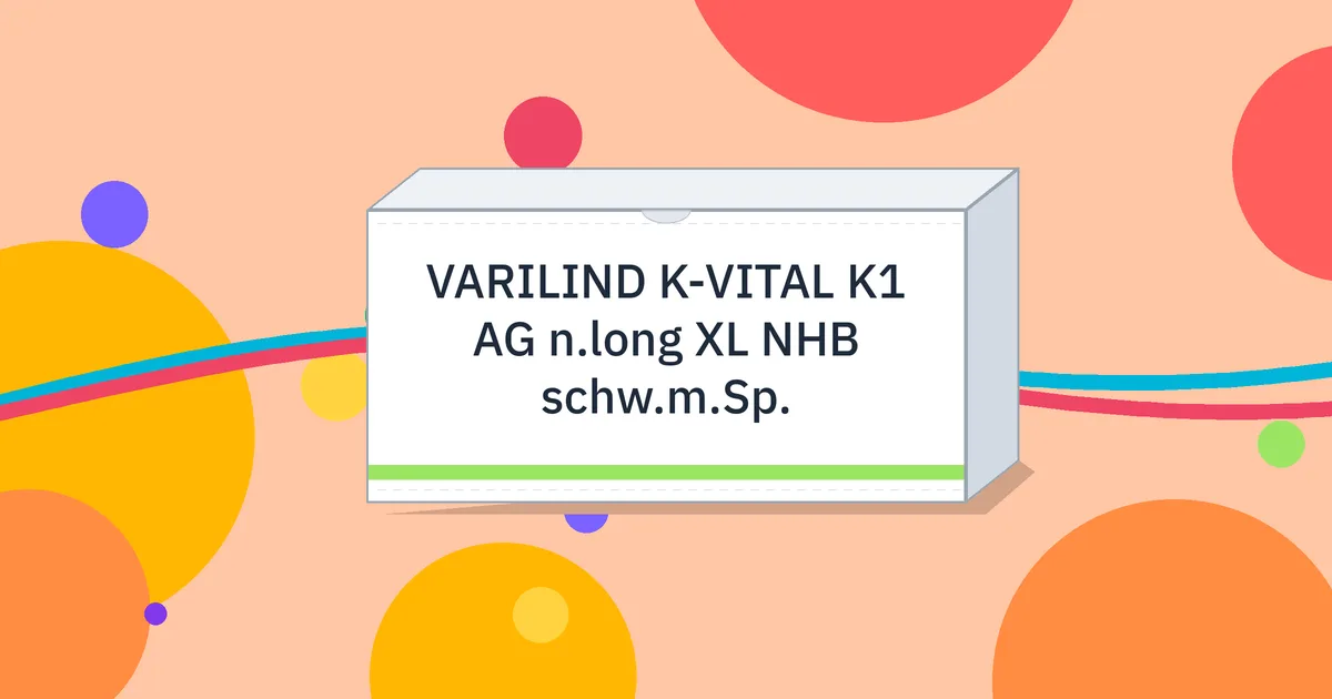 Symbolbild: Packung mit der Aufschrift VARILIND K-VITAL K1 AG n.long XL NHB schw.m.Sp. (PZN 20563490) – Verfügbarkeit und Bezug in Apotheken in Frankfurt am Main