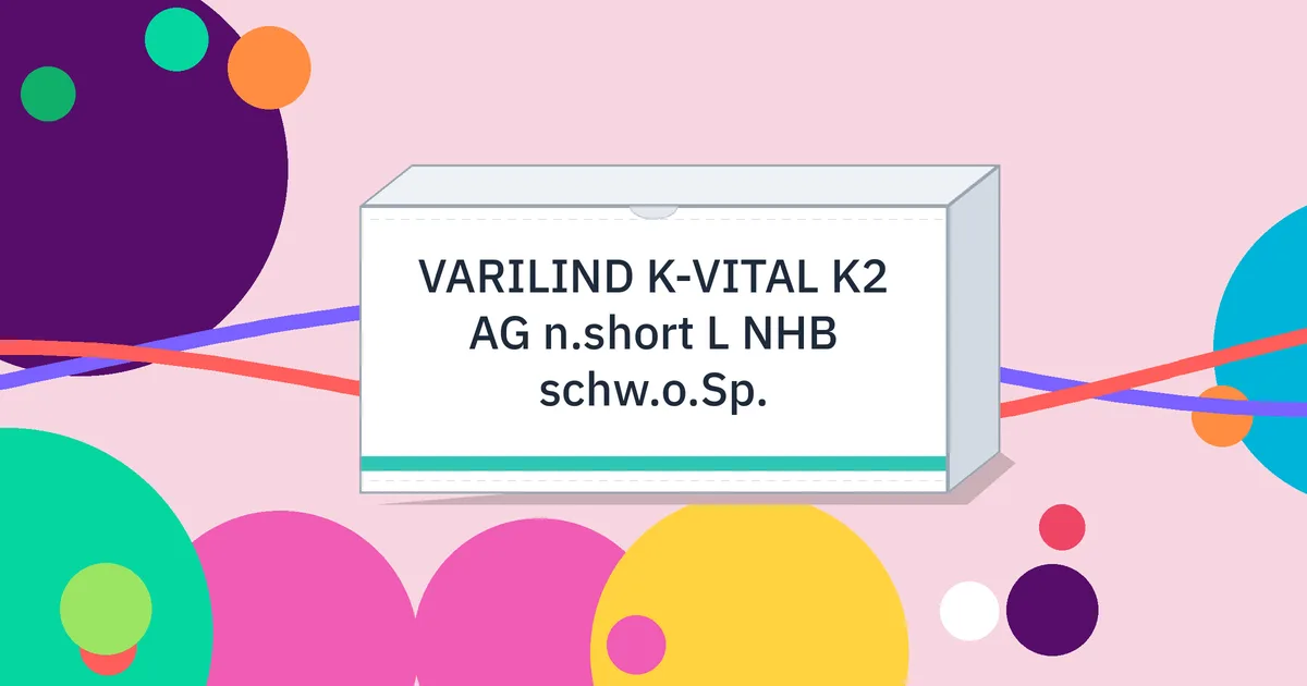 Symbolbild: Packung mit der Aufschrift VARILIND K-VITAL K2 AG n.short L NHB schw.o.Sp. (PZN 20565201) – Verfügbarkeit und Bezug in Apotheken in Frankfurt am Main