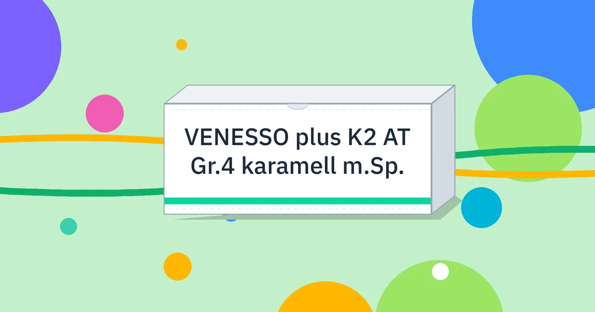 Symbolbild: Packung mit der Aufschrift VENESSO plus K2 AT Gr.4 karamell m.Sp. (PZN 13758589) – Verfügbarkeit und Bezug in Apotheken in Frankfurt am Main