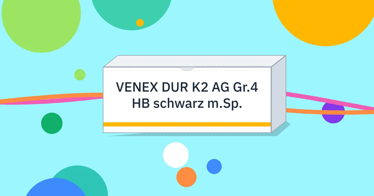 Symbolbild: Packung mit der Aufschrift VENEX DUR K2 AG Gr.4 HB schwarz m.Sp. (PZN 03219035) – Verfügbarkeit und Bezug in Apotheken in Frankfurt am Main