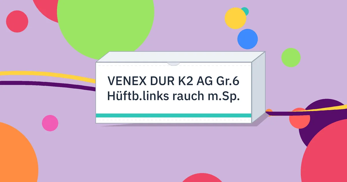 Symbolbild: Packung mit der Aufschrift VENEX DUR K2 AG Gr.6 Hüftb.links rauch m.Sp. (PZN 03225550) – Verfügbarkeit und Bezug in Apotheken in Frankfurt am Main