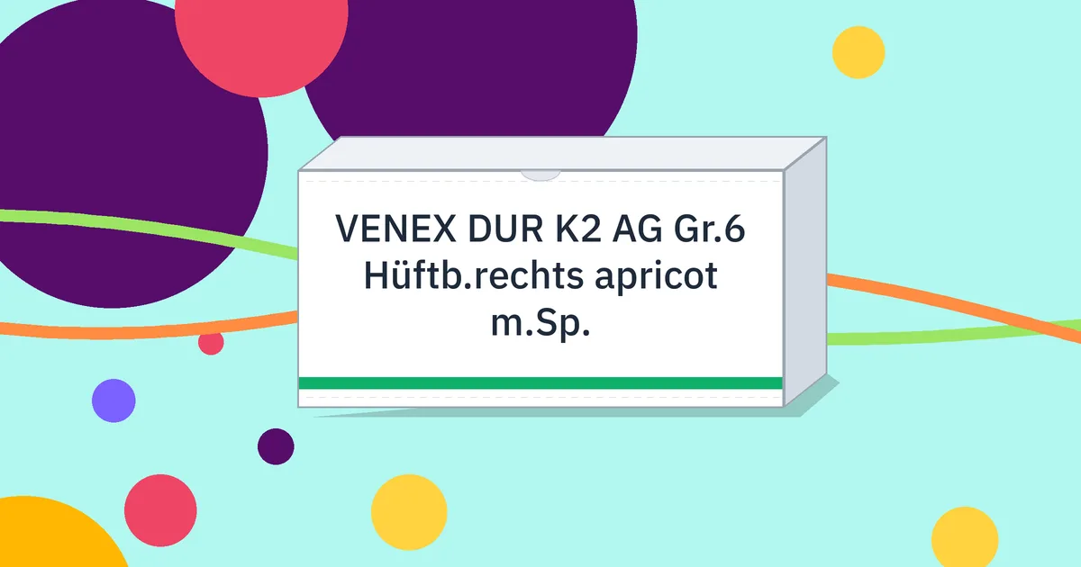 Symbolbild: Packung mit der Aufschrift VENEX DUR K2 AG Gr.6 Hüftb.rechts apricot m.Sp. (PZN 03228821) – Verfügbarkeit und Bezug in Apotheken in Frankfurt am Main