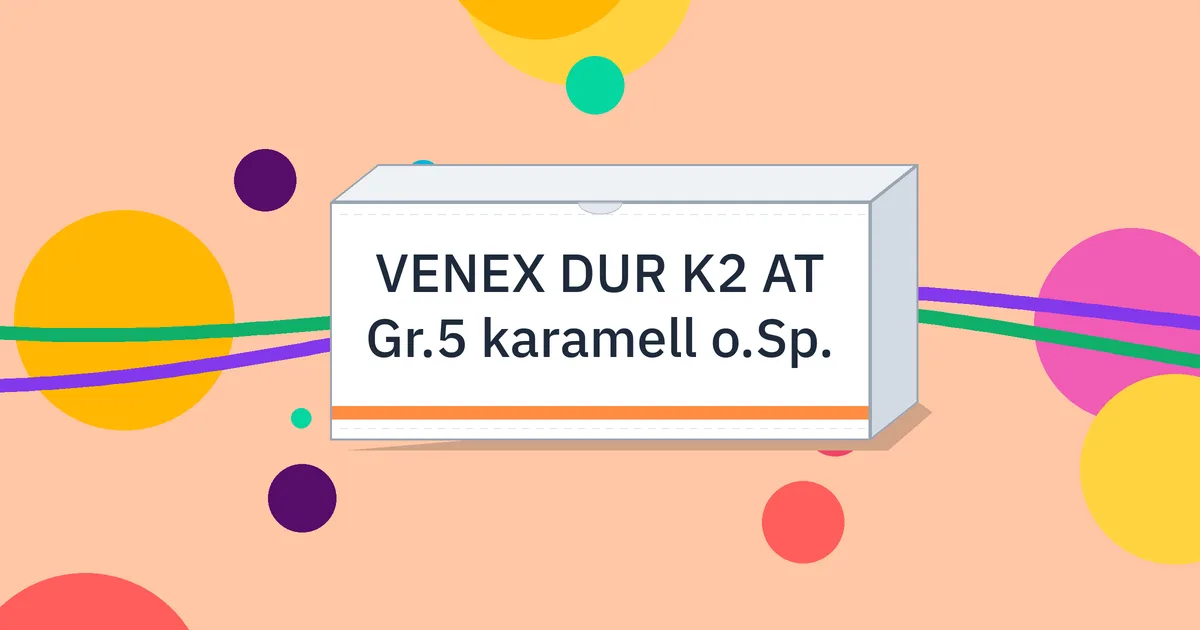 Symbolbild: Packung mit der Aufschrift VENEX DUR K2 AT Gr.5 karamell o.Sp. (PZN 13758000) – Verfügbarkeit und Bezug in Apotheken in Frankfurt am Main