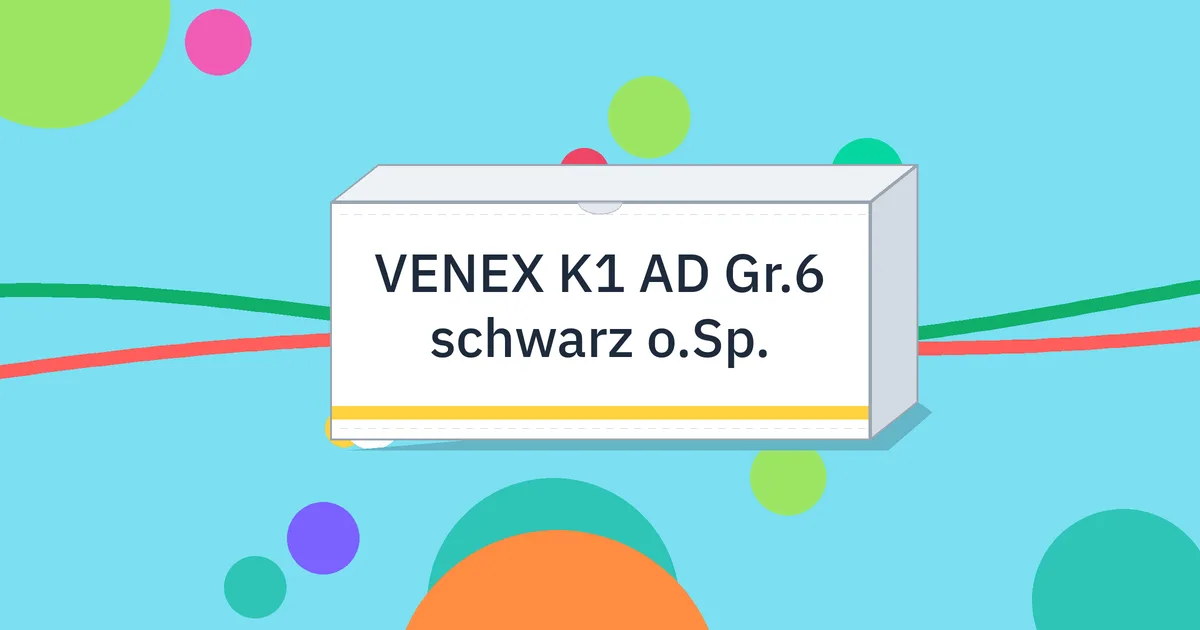 Symbolbild: Packung mit der Aufschrift VENEX K1 AD Gr.6 schwarz o.Sp. (PZN 03186293) – Verfügbarkeit und Bezug in Apotheken in Frankfurt am Main