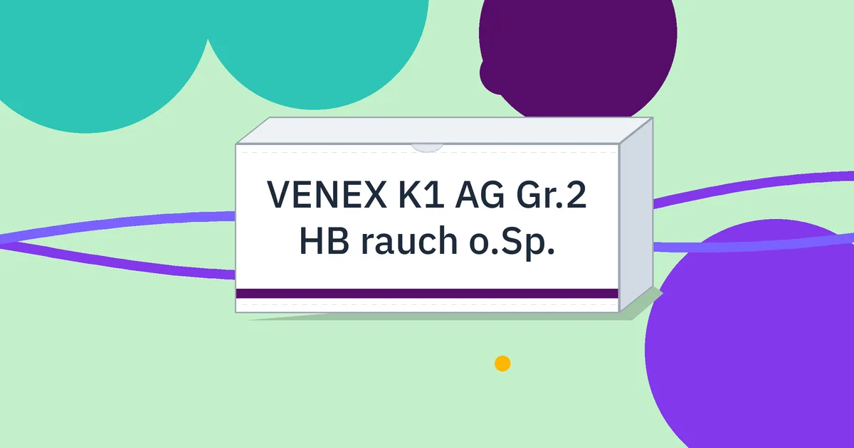 Symbolbild: Packung mit der Aufschrift VENEX K1 AG Gr.2 HB rauch o.Sp. (PZN 03192744) – Verfügbarkeit und Bezug in Apotheken in Frankfurt am Main