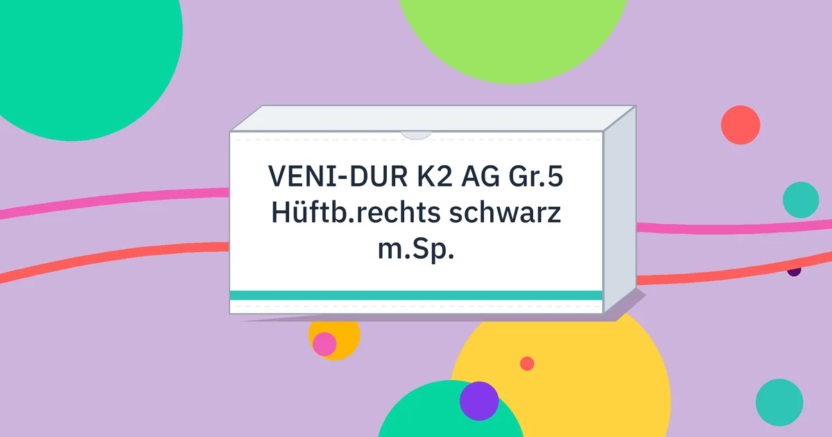 Symbolbild: Packung mit der Aufschrift VENI-DUR K2 AG Gr.5 Hüftb.rechts schwarz m.Sp. (PZN 03250476) – Verfügbarkeit und Bezug in Apotheken in Frankfurt am Main