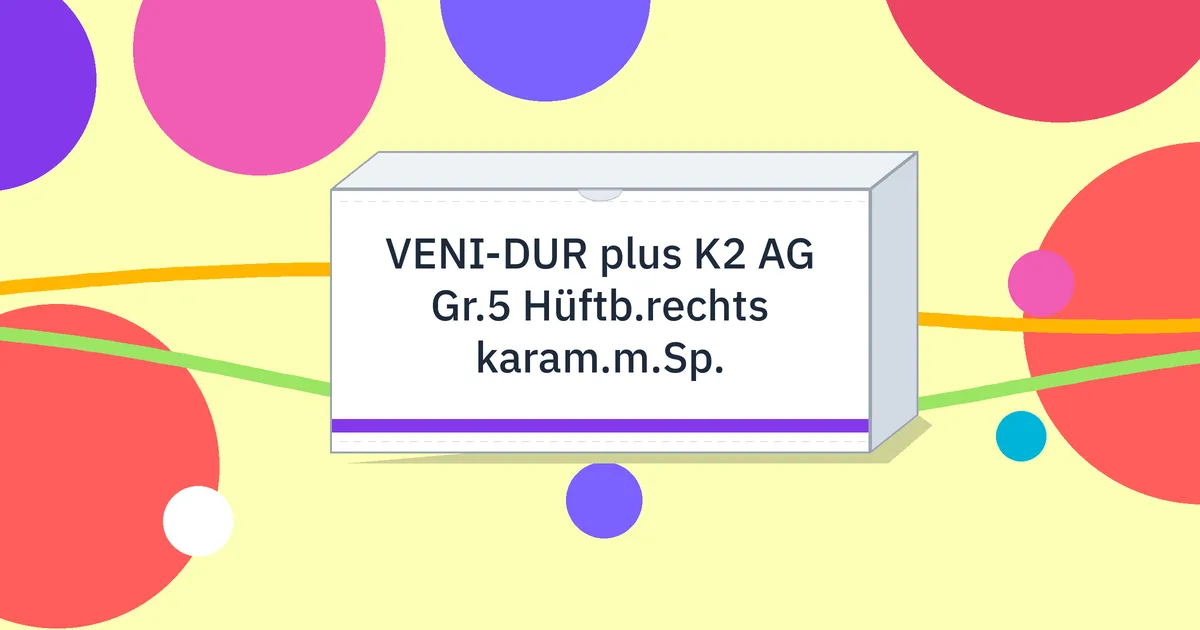 Symbolbild: Packung mit der Aufschrift VENI-DUR plus K2 AG Gr.5 Hüftb.rechts karam.m.Sp. (PZN 13760706) – Verfügbarkeit und Bezug in Apotheken in Frankfurt am Main