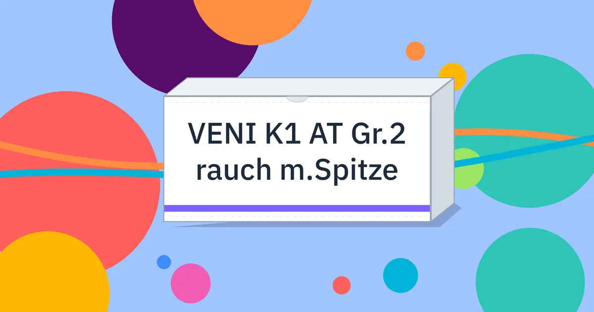 Symbolbild: Packung mit der Aufschrift VENI K1 AT Gr.2 rauch m.Spitze (PZN 08679853) – Verfügbarkeit und Bezug in Apotheken in Frankfurt am Main