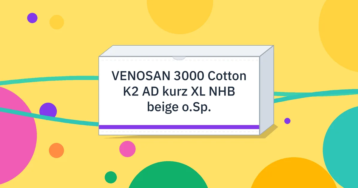 Symbolbild: Packung mit der Aufschrift VENOSAN 3000 Cotton K2 AD kurz XL NHB beige o.Sp. (PZN 14421461) – Verfügbarkeit und Bezug in Apotheken in Frankfurt am Main