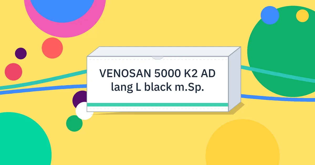 Symbolbild: Packung mit der Aufschrift VENOSAN 5000 K2 AD lang L black m.Sp. (PZN 14433151) – Verfügbarkeit und Bezug in Apotheken in Frankfurt am Main