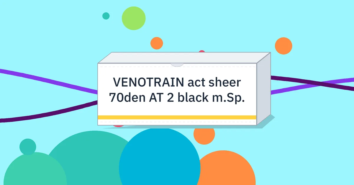 Symbolbild: Packung mit der Aufschrift VENOTRAIN act sheer 70den AT 2 black m.Sp. (PZN 16206844) – Verfügbarkeit und Bezug in Apotheken in Frankfurt am Main