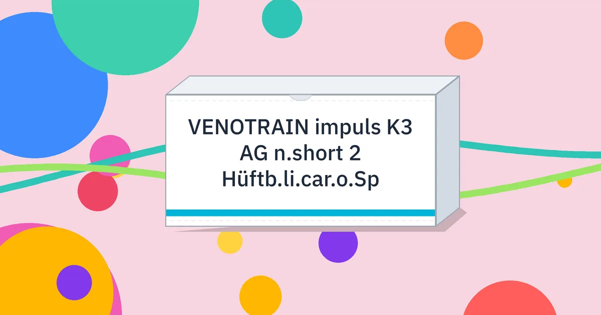 Symbolbild: Packung mit der Aufschrift VENOTRAIN impuls K3 AG n.short 2 Hüftb.li.car.o.Sp (PZN 08424490) – Verfügbarkeit und Bezug in Apotheken in Frankfurt am Main