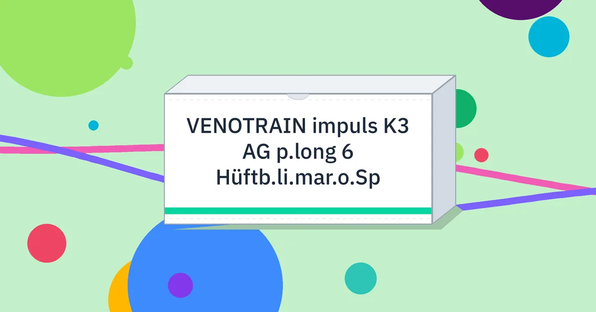 Symbolbild: Packung mit der Aufschrift VENOTRAIN impuls K3 AG p.long 6 Hüftb.li.mar.o.Sp (PZN 15220457) – Verfügbarkeit und Bezug in Apotheken in Frankfurt am Main