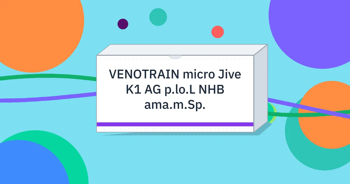 Symbolbild: Packung mit der Aufschrift VENOTRAIN micro Jive K1 AG p.lo.L NHB ama.m.Sp. (PZN 17765072) – Verfügbarkeit und Bezug in Apotheken in Frankfurt am Main