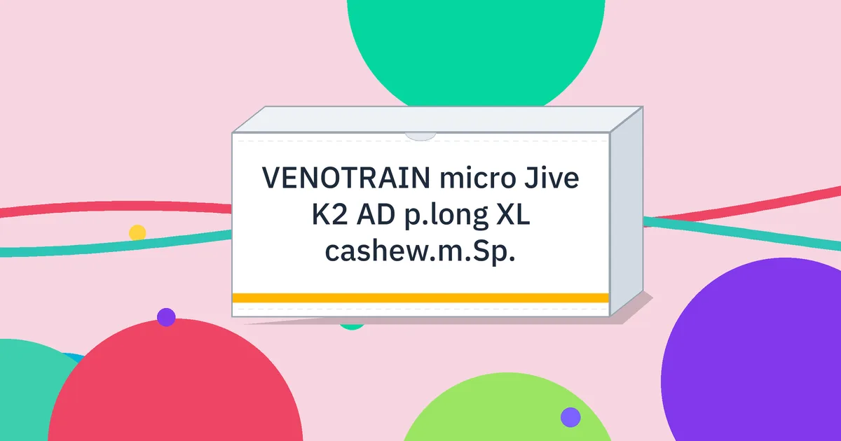 Symbolbild: Packung mit der Aufschrift VENOTRAIN micro Jive K2 AD p.long XL cashew.m.Sp. (PZN 20768559) – Verfügbarkeit und Bezug in Apotheken in Frankfurt am Main