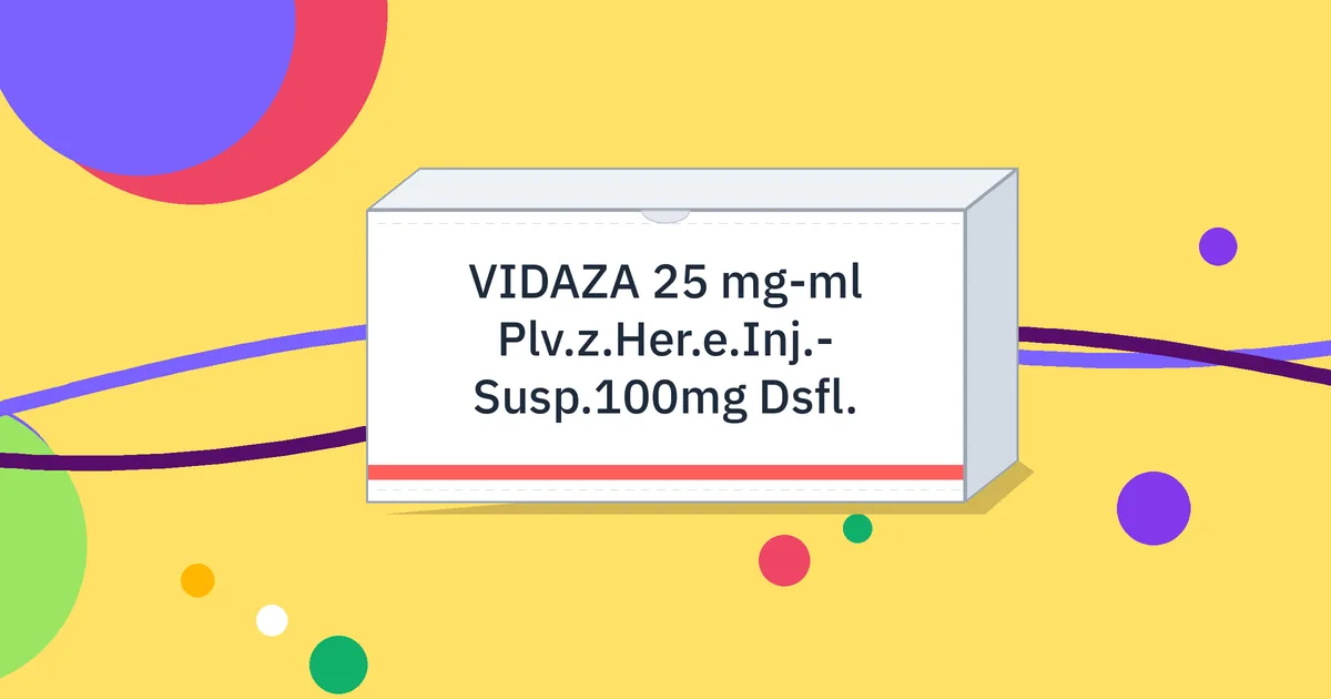 Symbolbild: Packung mit der Aufschrift VIDAZA 25 mg-ml Plv.z.Her.e.Inj.-Susp.100mg Dsfl. (PZN 17929415) – Verfügbarkeit und Bezug in Apotheken in Frankfurt am Main