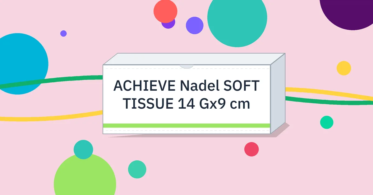 Symbolbild: Packung mit der Aufschrift ACHIEVE Nadel SOFT TISSUE 14 Gx9 cm (PZN 18763402) – Verfügbarkeit und Bezug in Apotheken in Frankfurt am Main