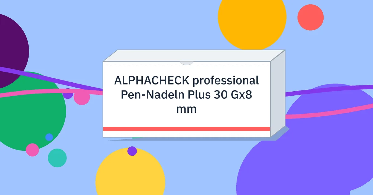 Symbolbild: Packung mit der Aufschrift ALPHACHECK professional Pen-Nadeln Plus 30 Gx8 mm (PZN 16861342) – Verfügbarkeit und Bezug in Apotheken in Frankfurt am Main