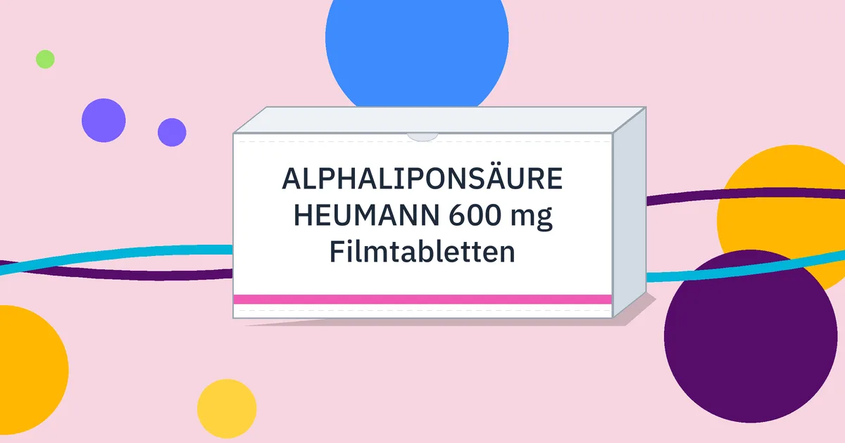 Symbolbild: Packung mit der Aufschrift ALPHALIPONSÄURE HEUMANN 600 mg Filmtabletten (PZN 19647336) – Verfügbarkeit und Bezug in Apotheken in Frankfurt am Main