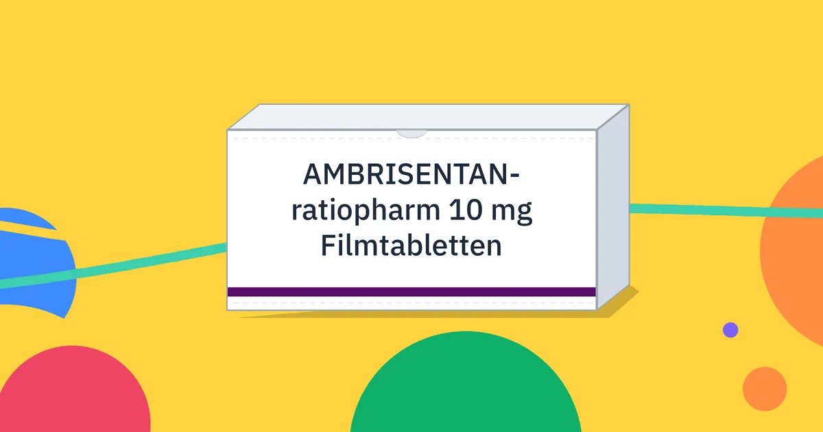 Symbolbild: Packung mit der Aufschrift AMBRISENTAN-ratiopharm 10 mg Filmtabletten (PZN 16487903) – Verfügbarkeit und Bezug in Apotheken in Frankfurt am Main