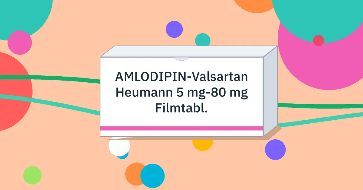 Symbolbild: Packung mit der Aufschrift AMLODIPIN-Valsartan Heumann 5 mg-80 mg Filmtabl. (PZN 14214928) – Verfügbarkeit und Bezug in Apotheken in Frankfurt am Main