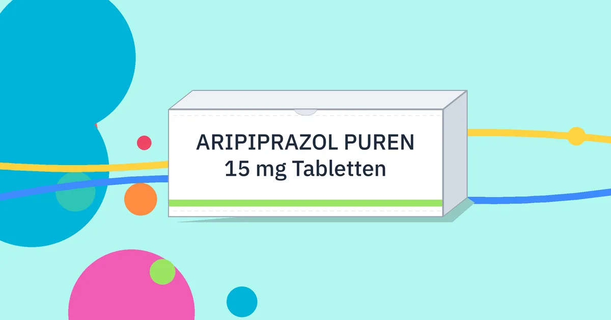Symbolbild: Packung mit der Aufschrift ARIPIPRAZOL PUREN 15 mg Tabletten (PZN 10319085) – Verfügbarkeit und Bezug in Apotheken in Frankfurt am Main