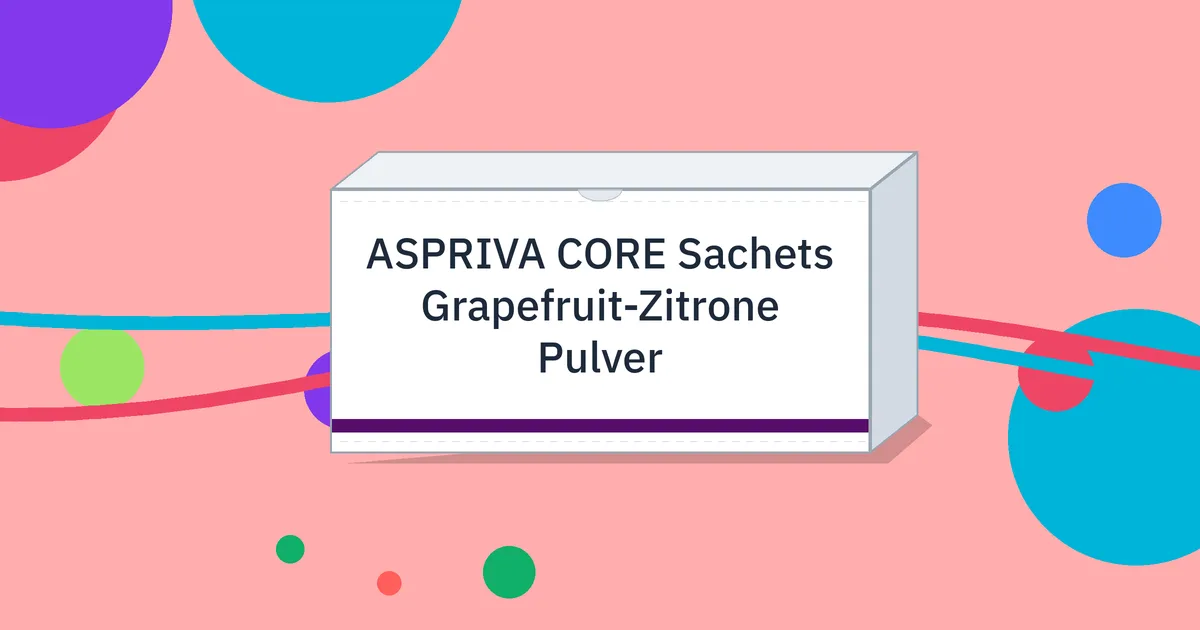 Symbolbild: Packung mit der Aufschrift ASPRIVA CORE Sachets Grapefruit-Zitrone Pulver (PZN 19270274) – Verfügbarkeit und Bezug in Apotheken in Frankfurt am Main