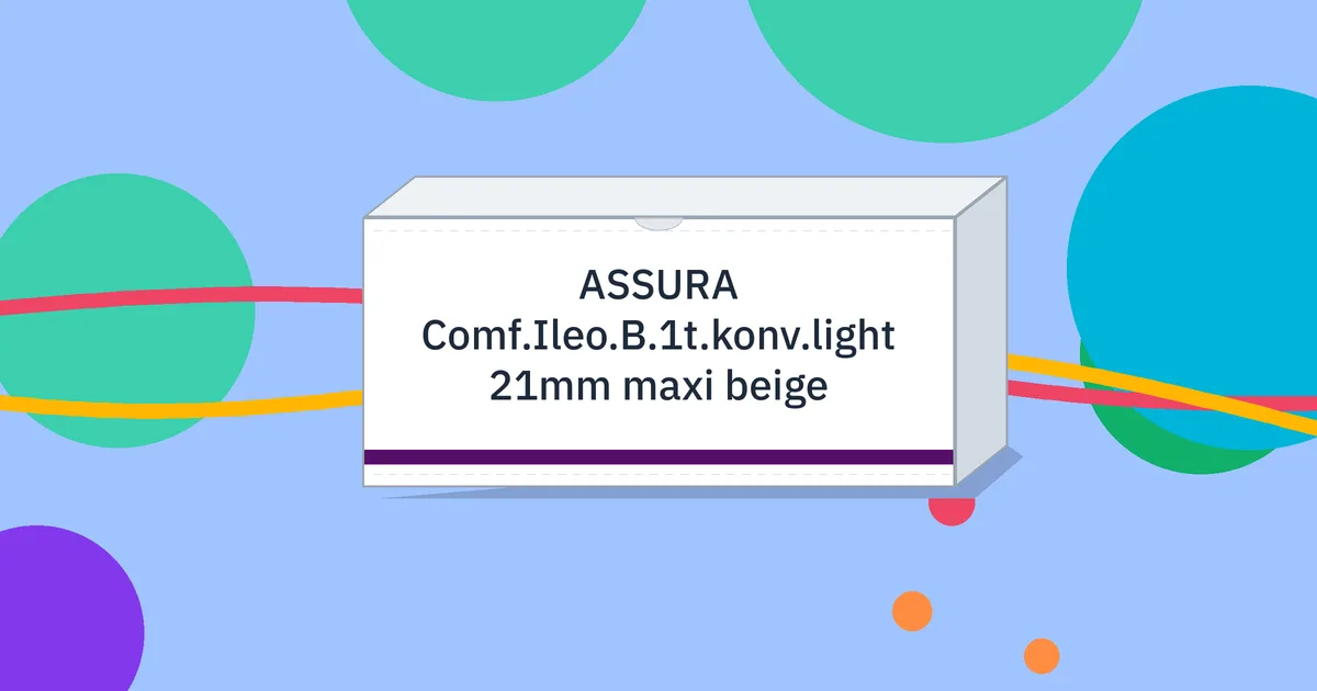 Symbolbild: Packung mit der Aufschrift ASSURA Comf.Ileo.B.1t.konv.light 21mm maxi beige (PZN 02238390) – Verfügbarkeit und Bezug in Apotheken in Frankfurt am Main