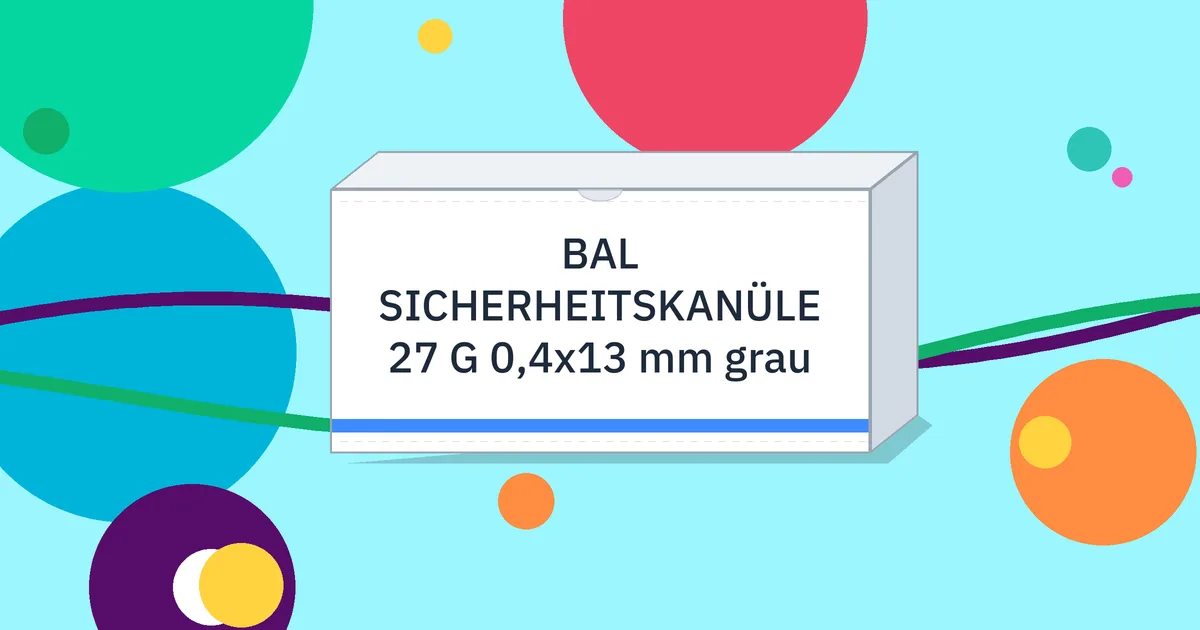 Symbolbild: Packung mit der Aufschrift BAL SICHERHEITSKANÜLE 27 G 0,4x13 mm grau (PZN 19124354) – Verfügbarkeit und Bezug in Apotheken in Frankfurt am Main