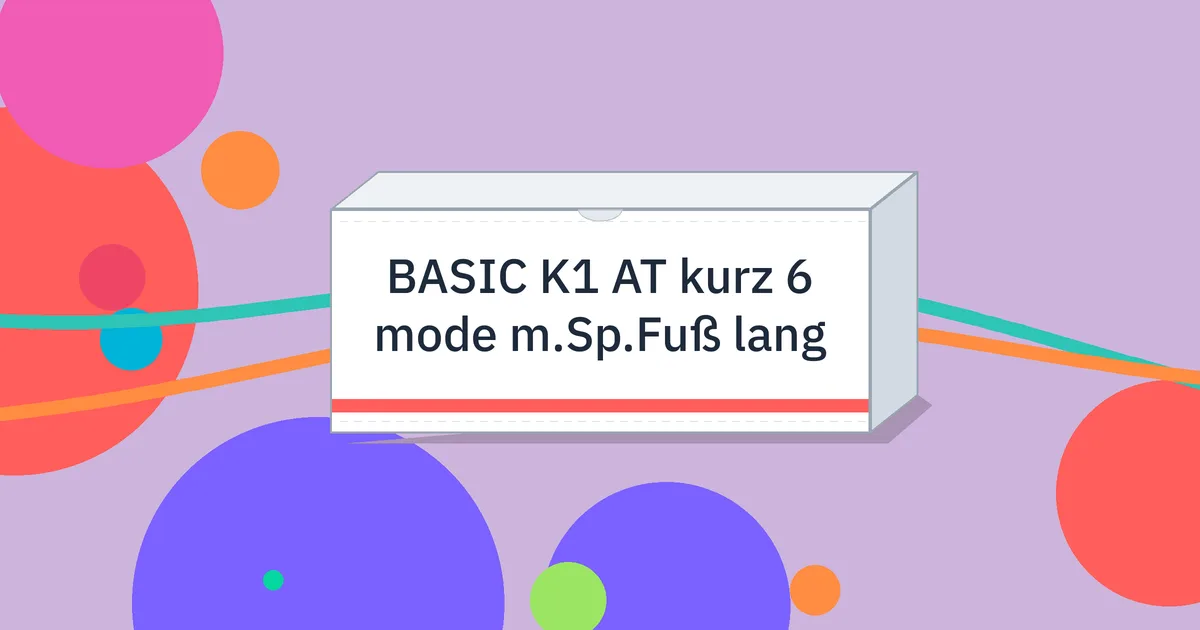 Symbolbild: Packung mit der Aufschrift BASIC K1 AT kurz 6 mode m.Sp.Fuß lang (PZN 20263374) – Verfügbarkeit und Bezug in Apotheken in Frankfurt am Main