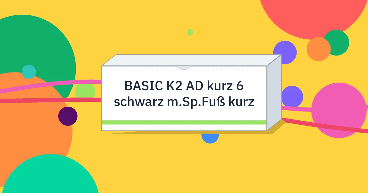 Symbolbild: Packung mit der Aufschrift BASIC K2 AD kurz 6 schwarz m.Sp.Fuß kurz (PZN 20265628) – Verfügbarkeit und Bezug in Apotheken in Frankfurt am Main