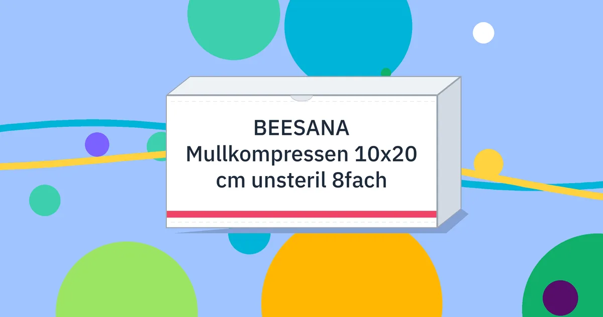 Symbolbild: Packung mit der Aufschrift BEESANA Mullkompressen 10x20 cm unsteril 8fach (PZN 14199399) – Verfügbarkeit und Bezug in Apotheken in Frankfurt am Main