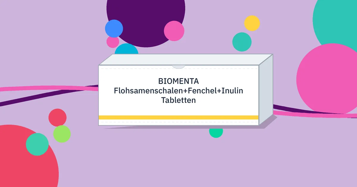 Symbolbild: Packung mit der Aufschrift BIOMENTA Flohsamenschalen+Fenchel+Inulin Tabletten (PZN 17376821) – Verfügbarkeit und Bezug in Apotheken in Frankfurt am Main