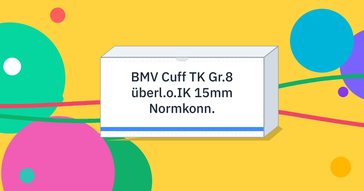 Symbolbild: Packung mit der Aufschrift BMV Cuff TK Gr.8 überl.o.IK 15mm Normkonn. (PZN 18383071) – Verfügbarkeit und Bezug in Apotheken in Frankfurt am Main