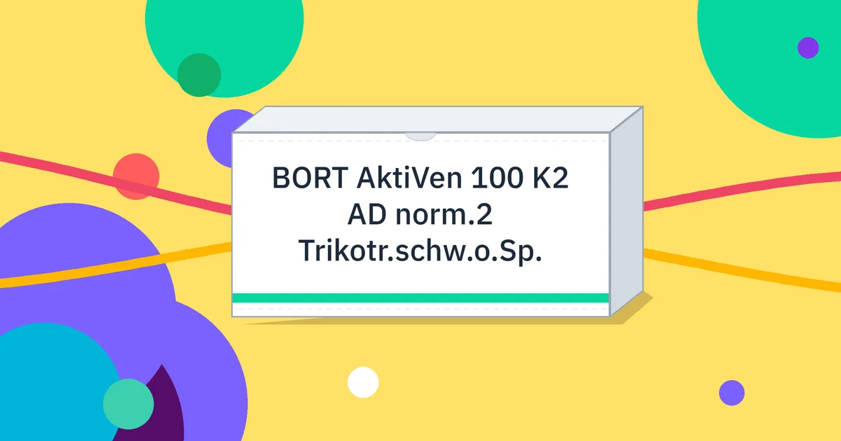 Symbolbild: Packung mit der Aufschrift BORT AktiVen 100 K2 AD norm.2 Trikotr.schw.o.Sp. (PZN 14386546) – Verfügbarkeit und Bezug in Apotheken in Frankfurt am Main