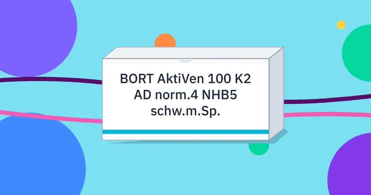 Symbolbild: Packung mit der Aufschrift BORT AktiVen 100 K2 AD norm.4 NHB5 schw.m.Sp. (PZN 17497068) – Verfügbarkeit und Bezug in Apotheken in Frankfurt am Main
