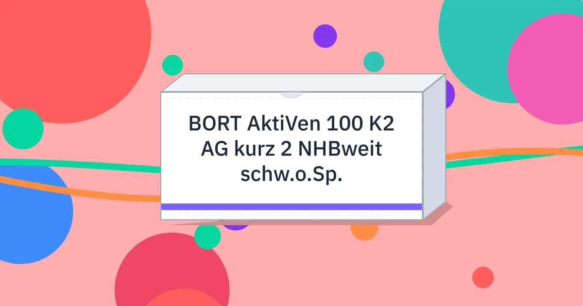 Symbolbild: Packung mit der Aufschrift BORT AktiVen 100 K2 AG kurz 2 NHBweit schw.o.Sp. (PZN 14387468) – Verfügbarkeit und Bezug in Apotheken in Frankfurt am Main