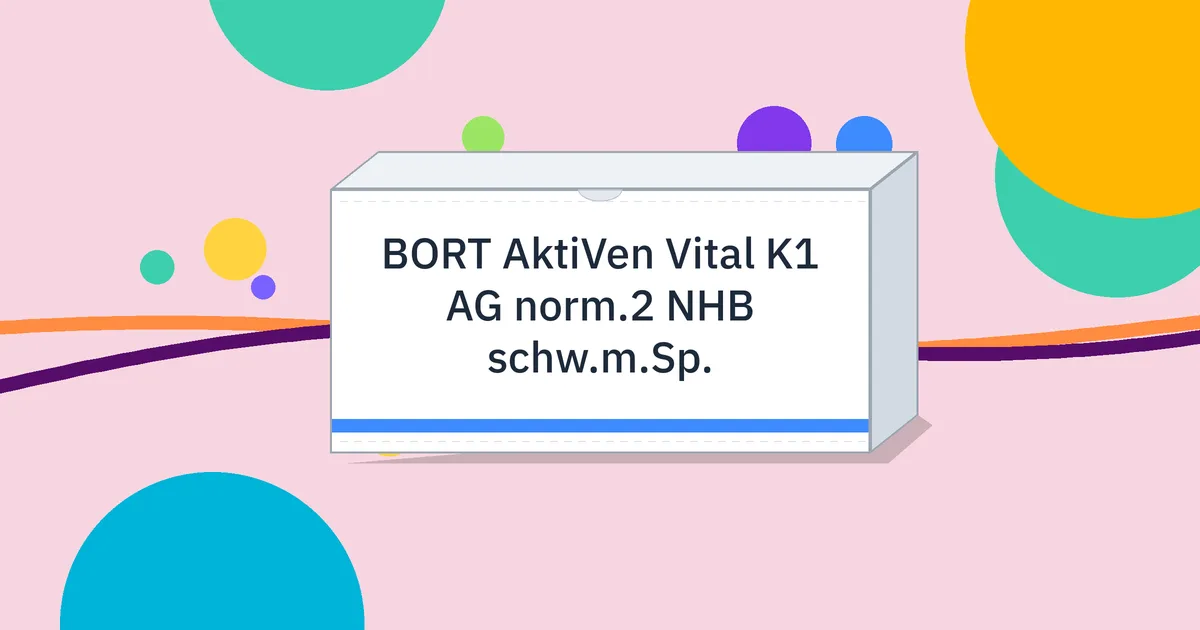 Symbolbild: Packung mit der Aufschrift BORT AktiVen Vital K1 AG norm.2 NHB schw.m.Sp. (PZN 13735855) – Verfügbarkeit und Bezug in Apotheken in Frankfurt am Main