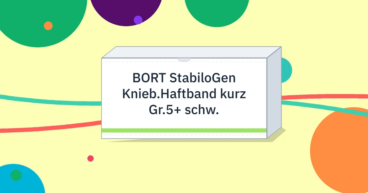 Symbolbild: Packung mit der Aufschrift BORT StabiloGen Knieb.Haftband kurz Gr.5+ schw. (PZN 19634724) – Verfügbarkeit und Bezug in Apotheken in Frankfurt am Main