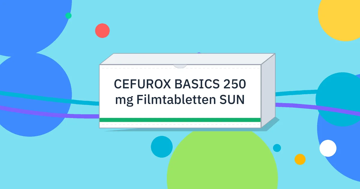 Symbolbild: Packung mit der Aufschrift CEFUROX BASICS 250 mg Filmtabletten SUN (PZN 12585187) – Verfügbarkeit und Bezug in Apotheken in Frankfurt am Main